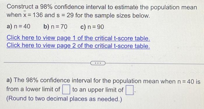 Solved Construct a 98% confidence interval to estimate the | Chegg.com
