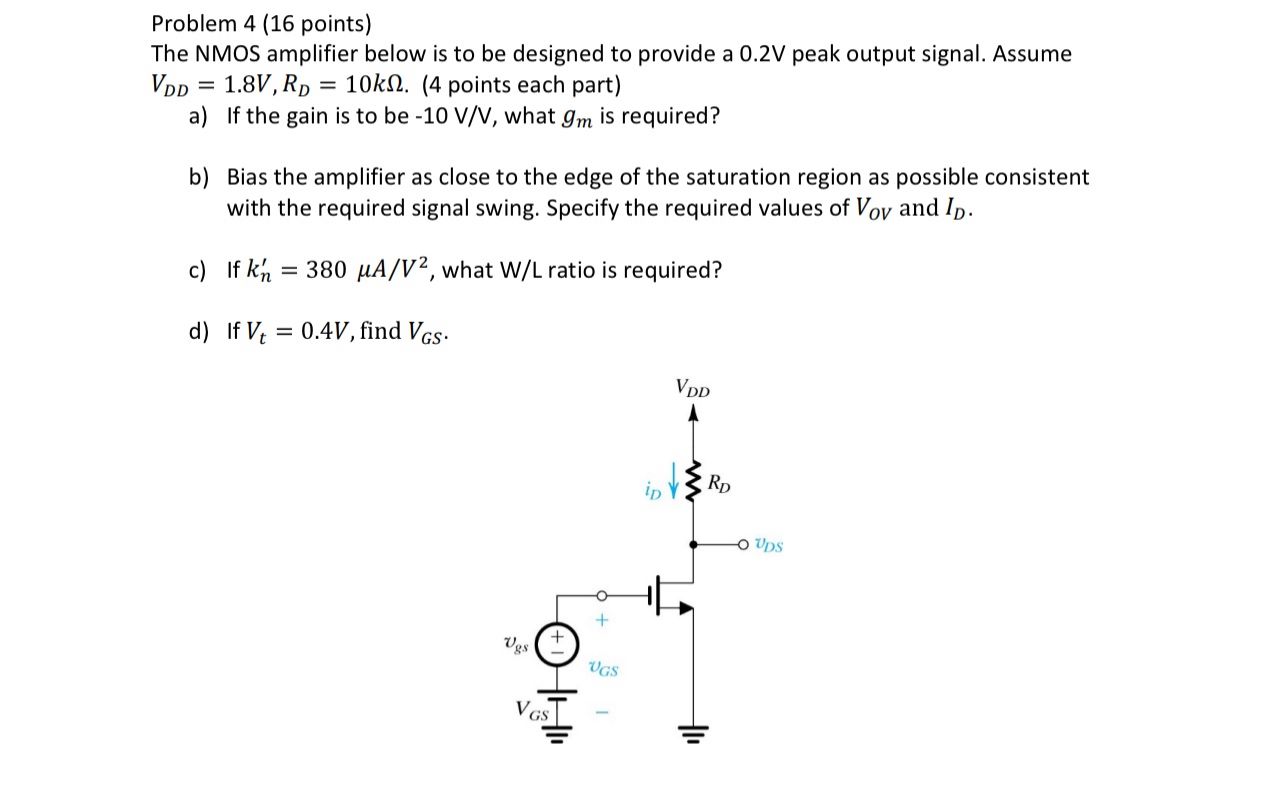 Solved Problem 4 (16 ﻿points)The NMOS amplifier below is to | Chegg.com