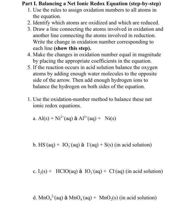Solved Part I. Balancing a Net Ionic Redox Equation | Chegg.com