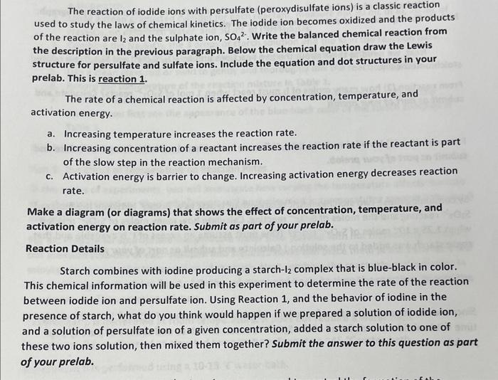 Solved The reaction of iodide ions with persulfate | Chegg.com