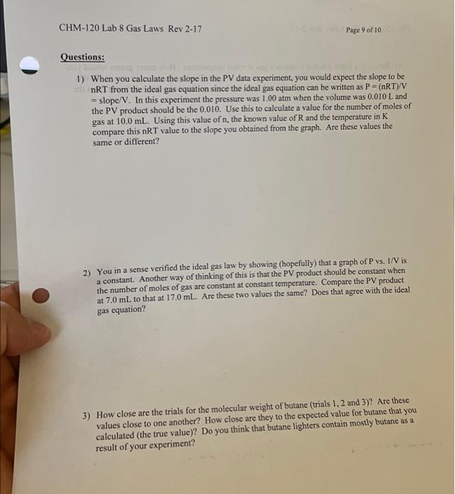 CHM-120 Lab 8 Gas Laws Rev 2-17 Page 9 of 10 OCH MNO | Chegg.com