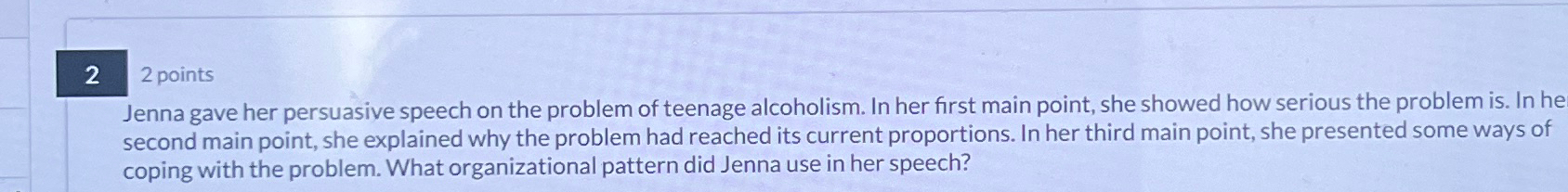 Solved 22 ﻿pointsJenna gave her persuasive speech on the | Chegg.com
