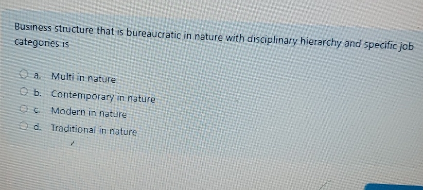 Solved Business structure that is bureaucratic in nature | Chegg.com