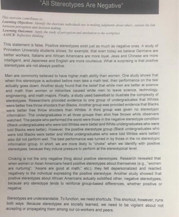 Solved " All Stereotypes Are Negative This exercise | Chegg.com