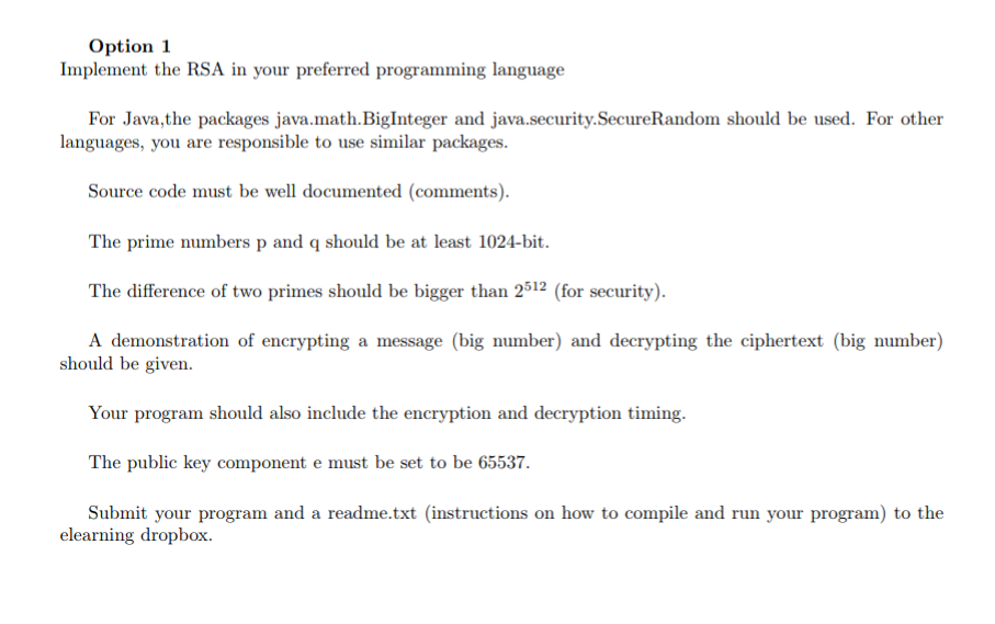 Solved Option 1 Implement the RSA in your preferred | Chegg.com