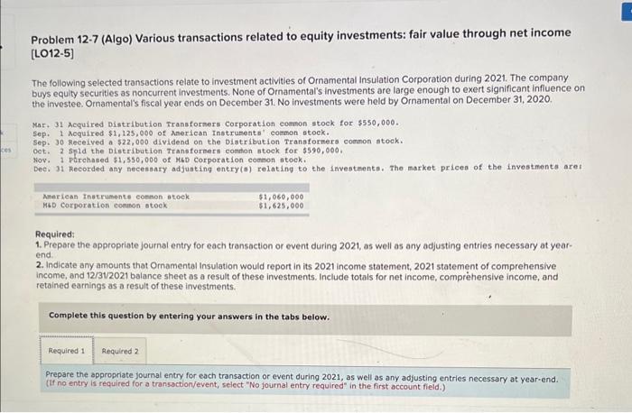 Solved Problem 12-7 (Algo) Various transactions related to | Chegg.com