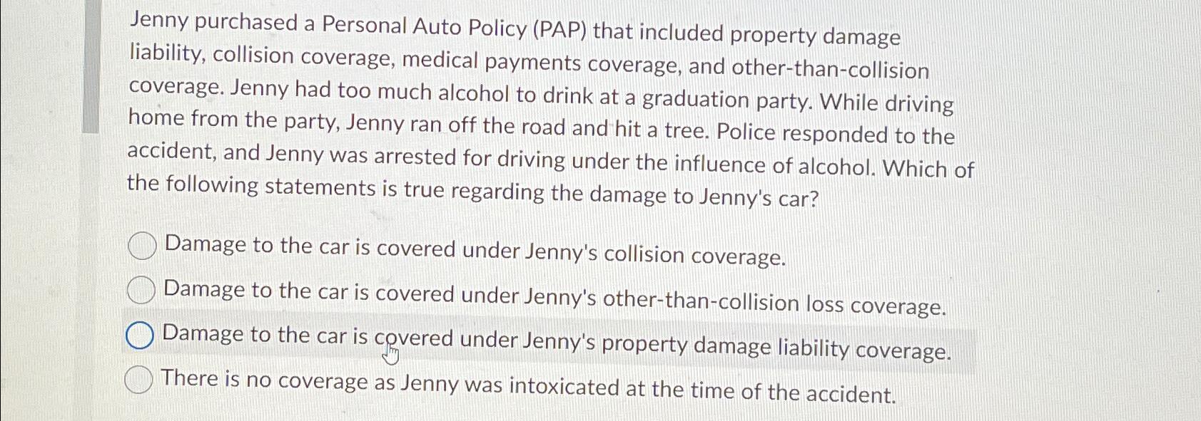 Solved Jenny purchased a Personal Auto Policy (PAP) ﻿that | Chegg.com