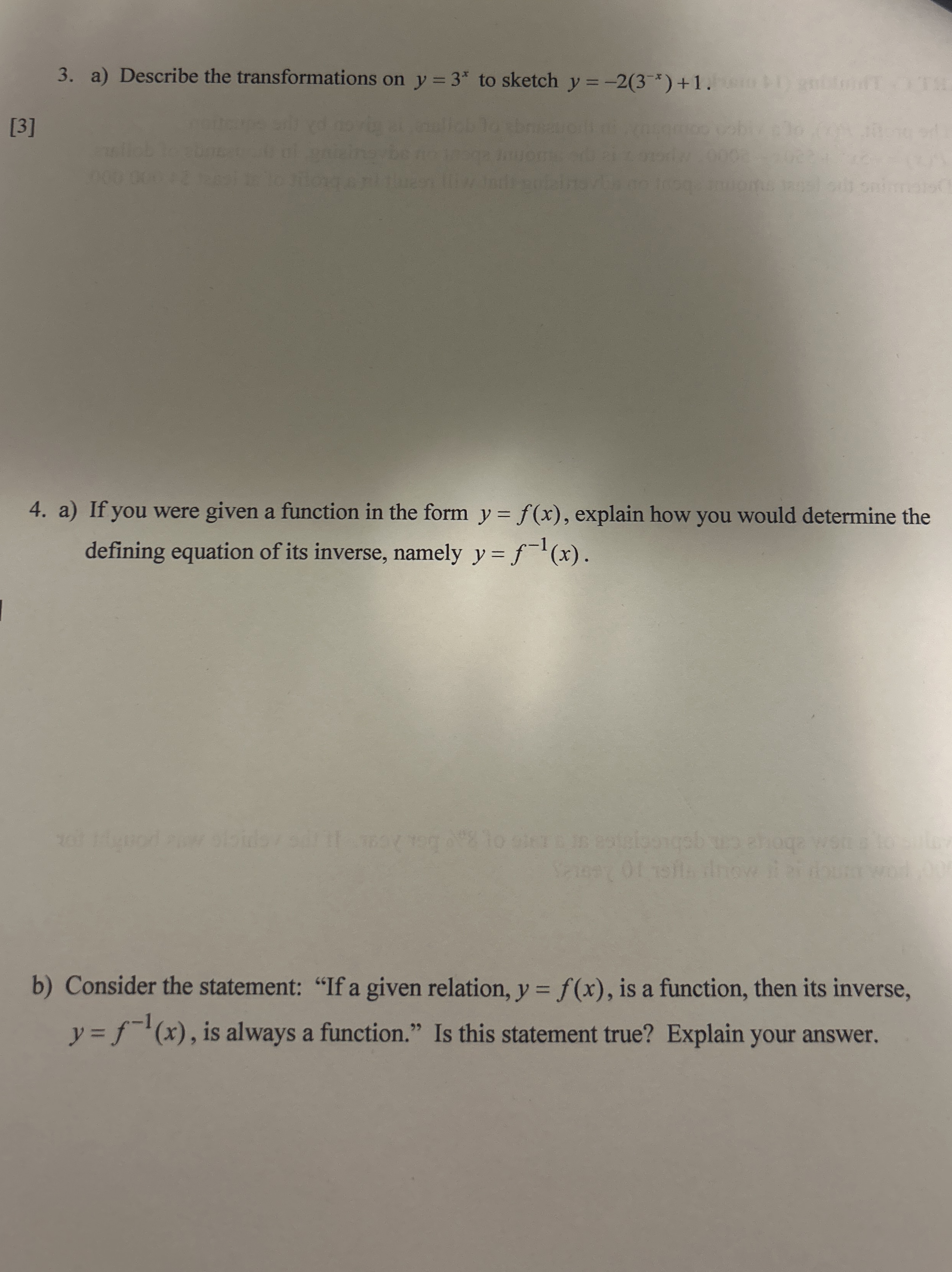 Solved a) ﻿Describe the transformations on y=3x ﻿to sketch | Chegg.com