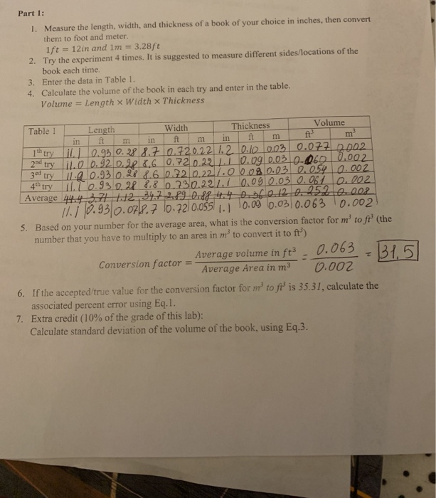 Solved Part 1: 1. Measure the length, width, and thickness | Chegg.com