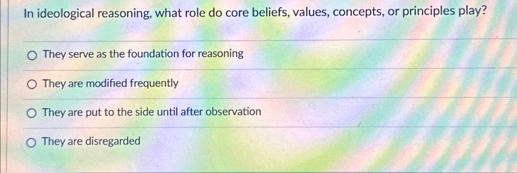 Solved In ideological reasoning, what role do core beliefs, | Chegg.com