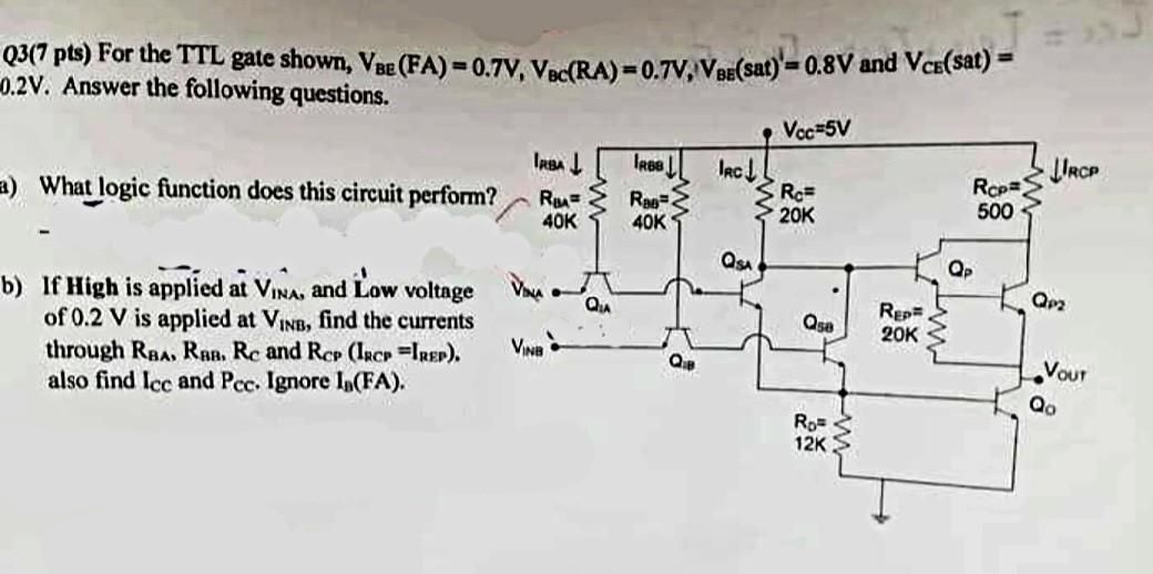 Solved Q3(7 pts) For the TTL gate shown, VBE(FA)=0.7 | Chegg.com