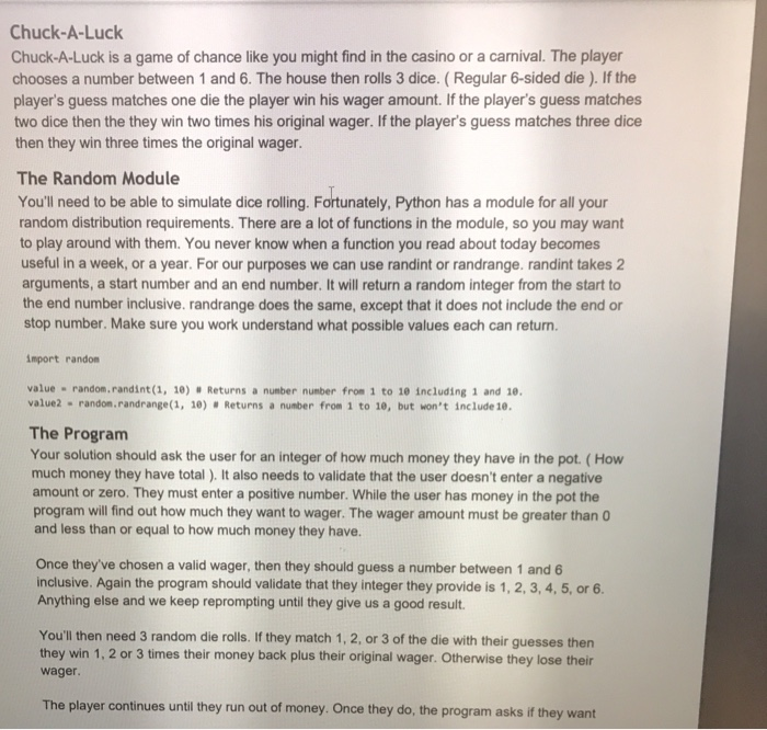 Solved Chuck-A-Luck Chuck-A-Luck is a game of chance like | Chegg.com