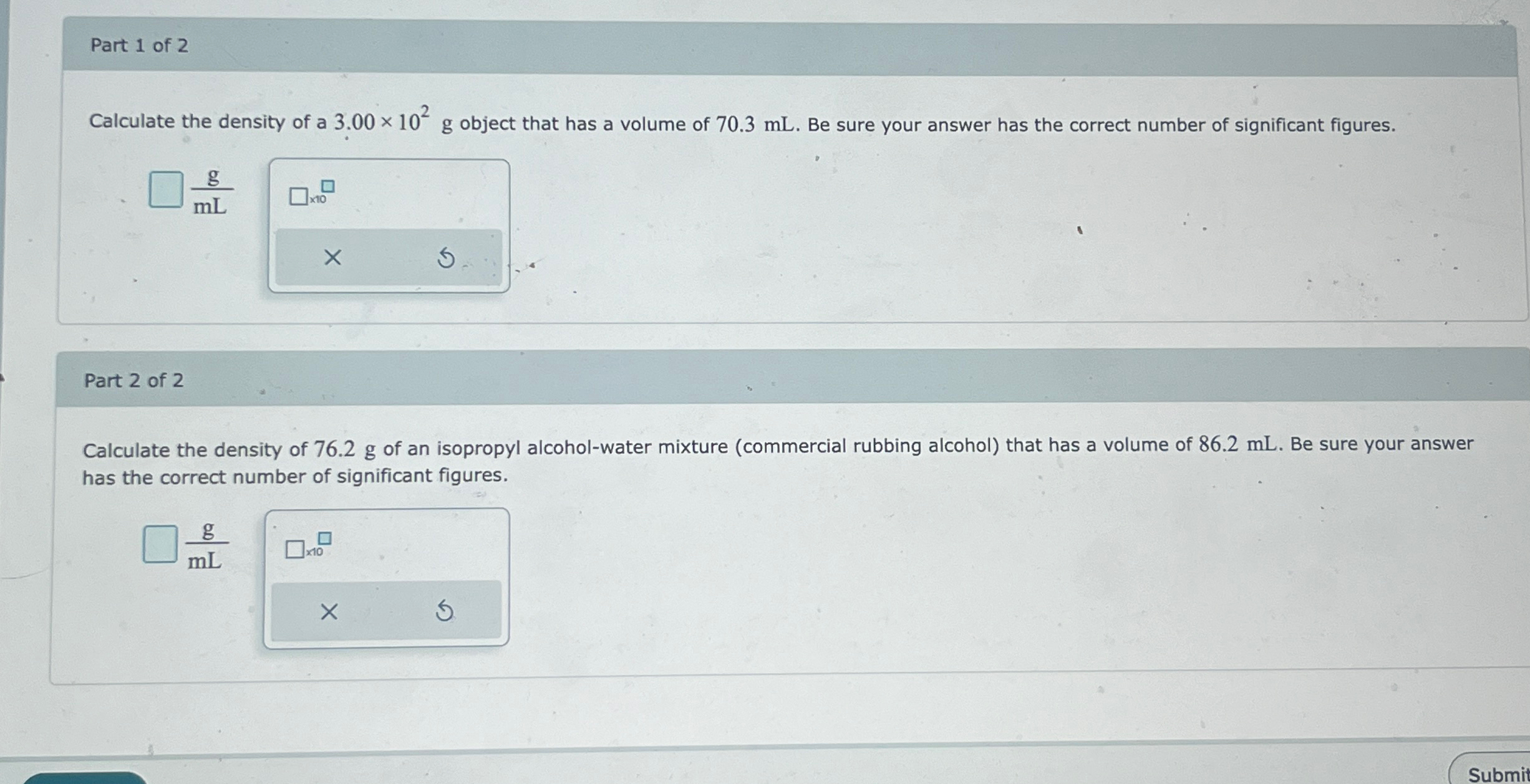 Solved Part 1 ﻿of 2Calculate the density of a 3.00×102g | Chegg.com