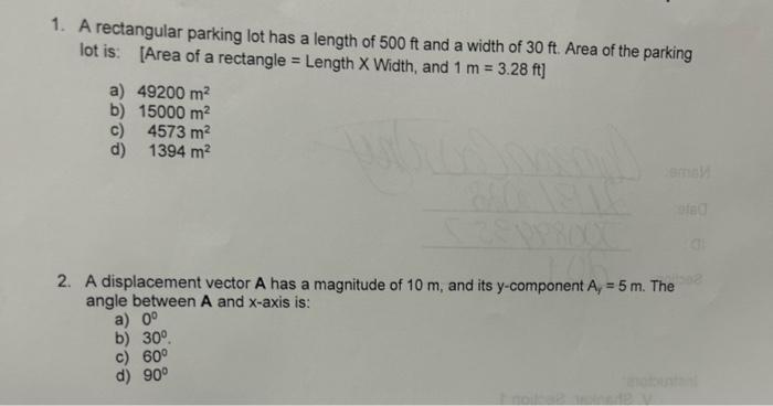 Solved 1. A rectangular parking lot has a length of 500ft | Chegg.com