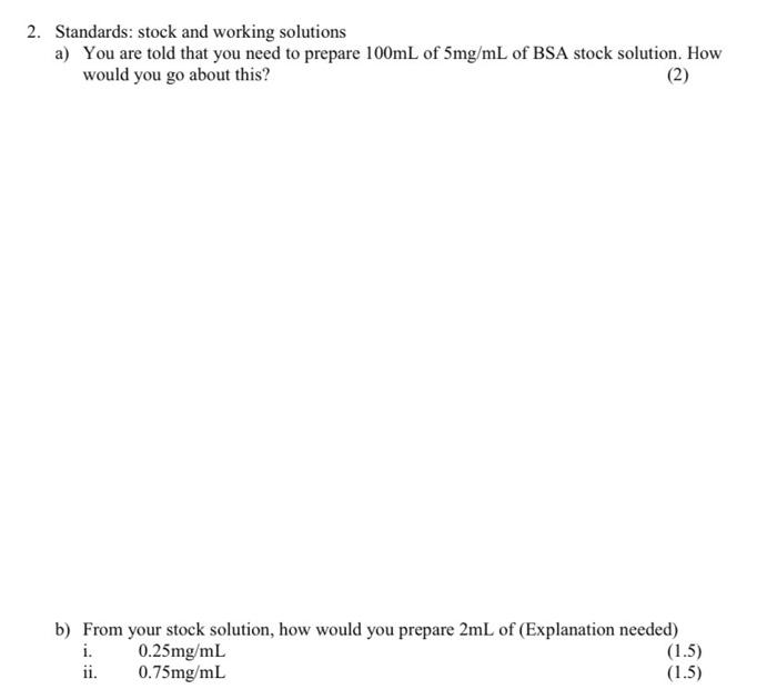 Solved 2. Standards: stock and working solutions a) You are | Chegg.com