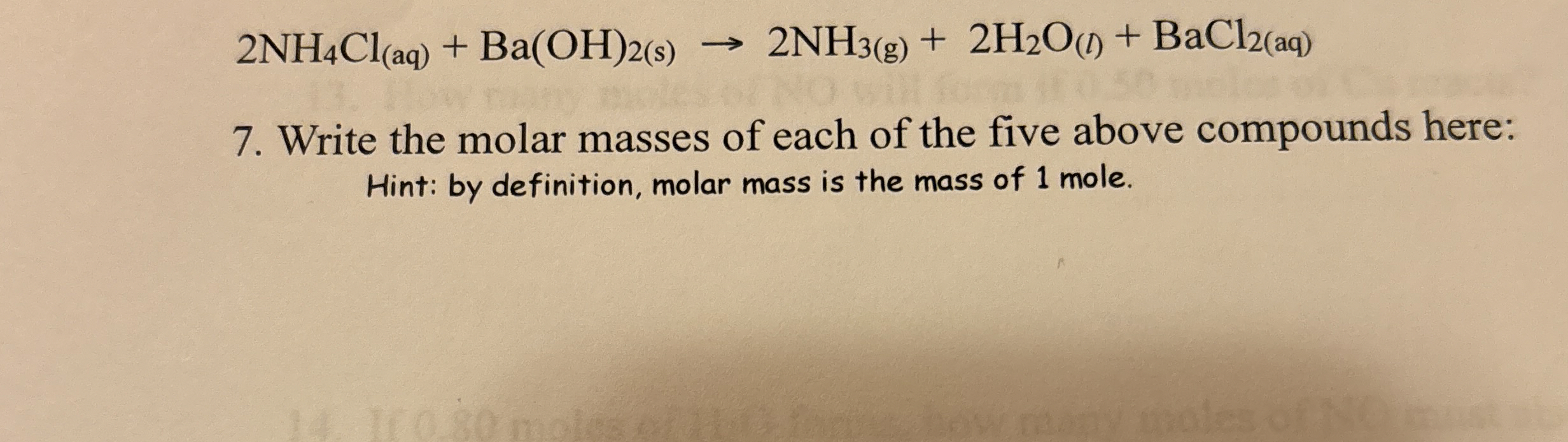 2NH4Cl(aq)+Ba(OH)2(s)→2NH3(g)+2H2O(l)+BaCl2(aq)Write | Chegg.com