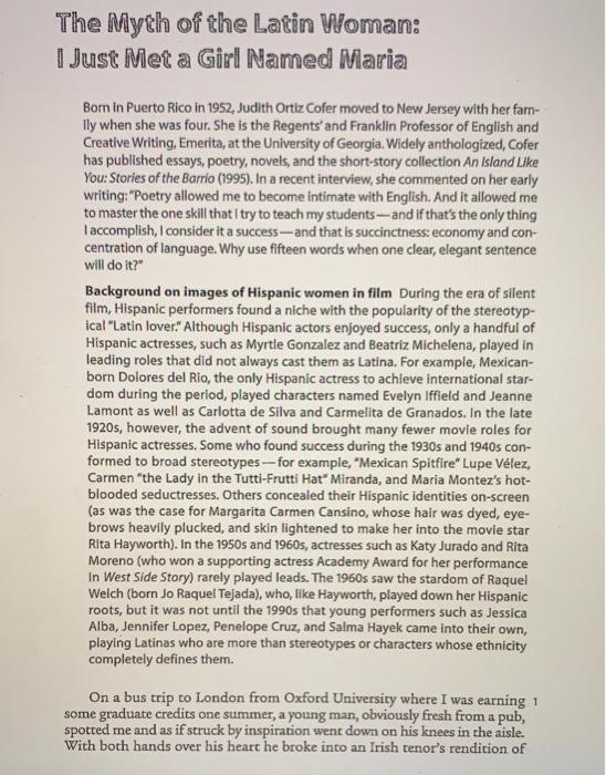 Solved The Myth of the Latin Woman: I Just Met a Girl Named | Chegg.com