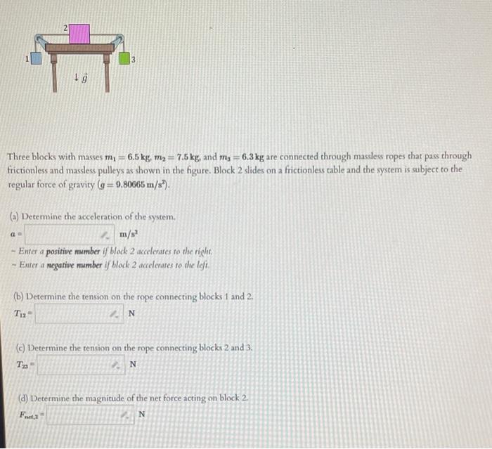Solved Three blocks with masses m1=6.5 kg,m2=7.5 kg, and | Chegg.com
