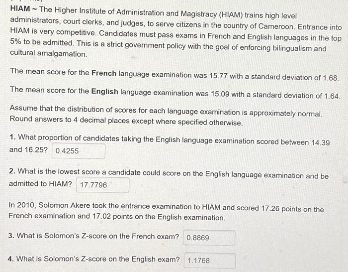 Solved The mean score for the French language examination | Chegg.com