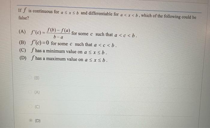 Solved If f is continuous for a≤x≤b and differentiable for a | Chegg.com