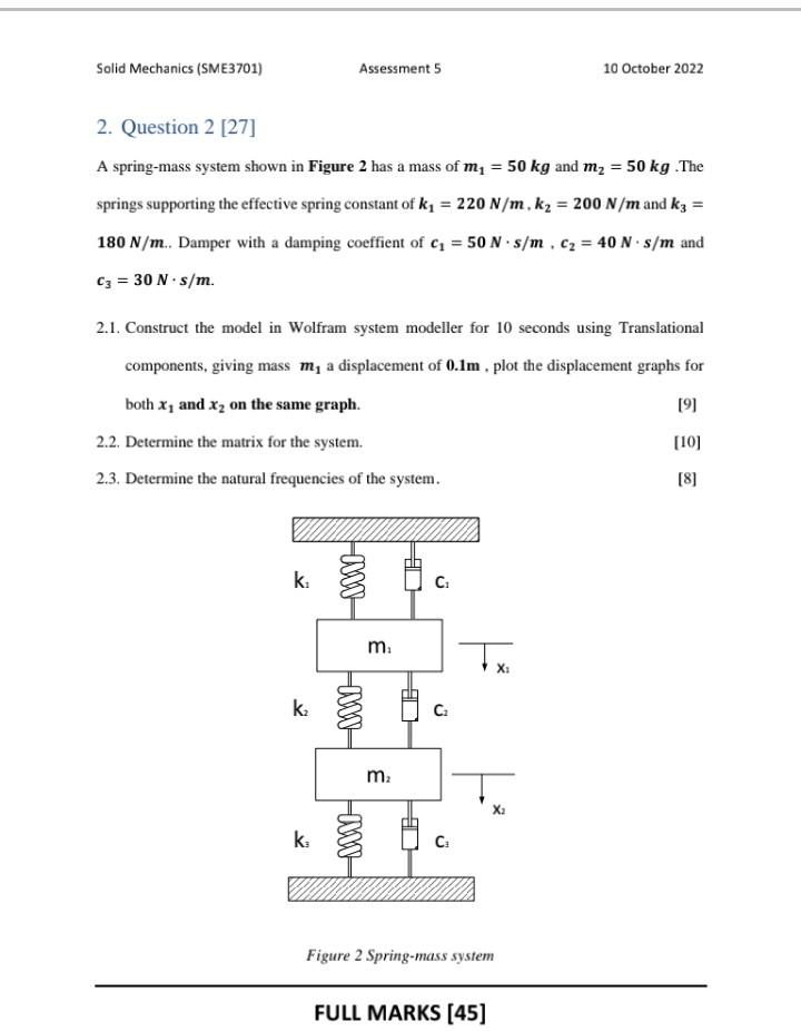 Solved A spring-mass system shown in Figure 2 has a mass of | Chegg.com