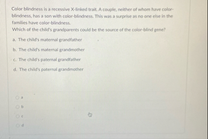 Solved Color blindness is a recessive x-linked trait. A | Chegg.com