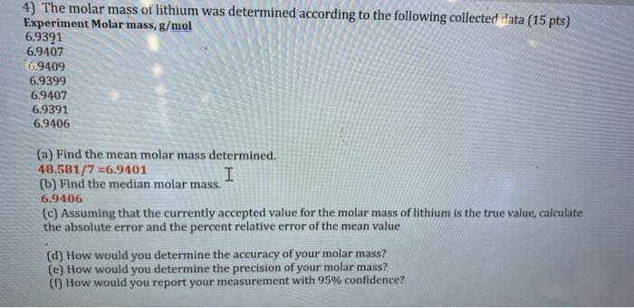Solved 4) The molar mass of lithium was determined according | Chegg.com