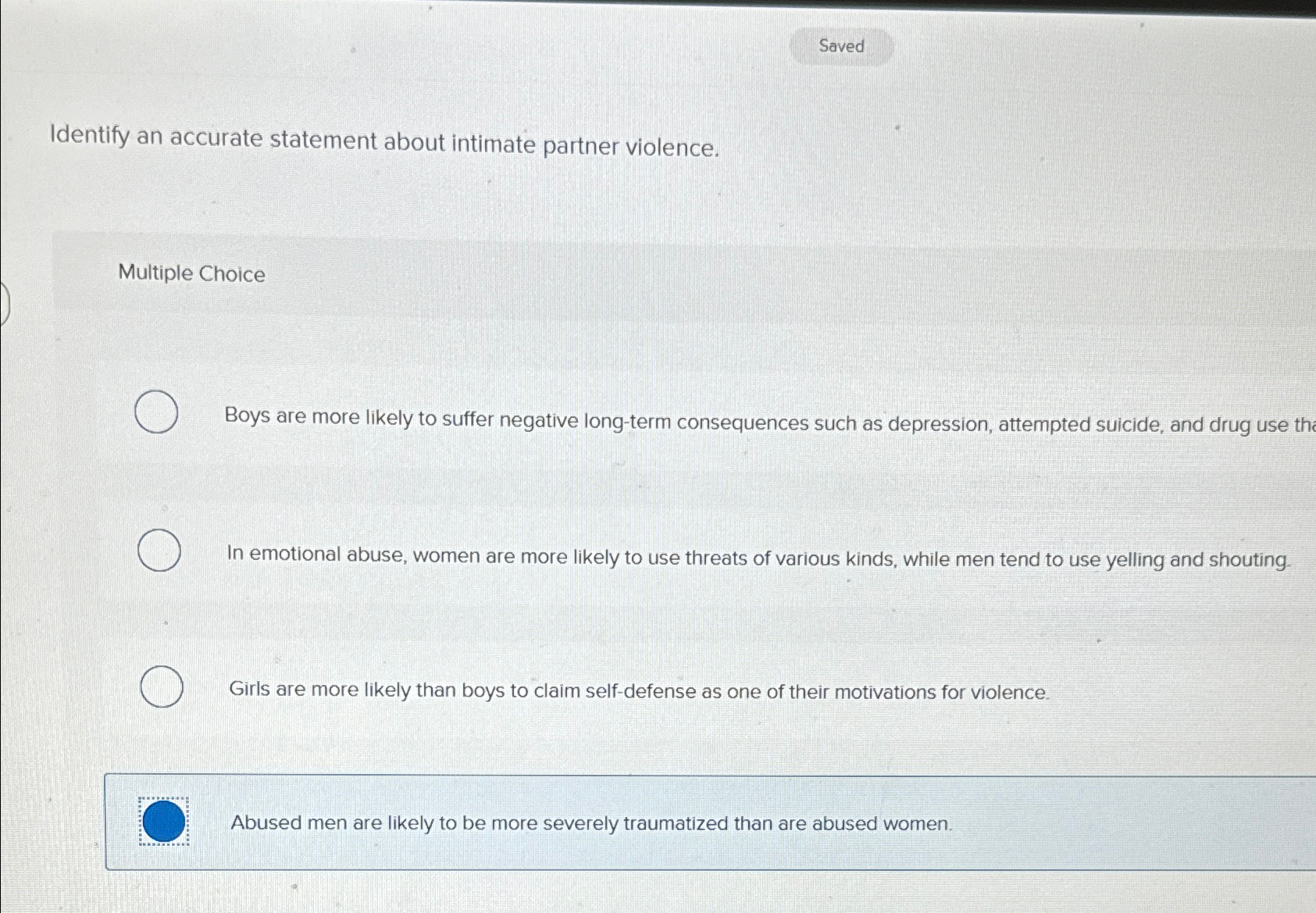 Solved Identify an accurate statement about intimate partner | Chegg.com