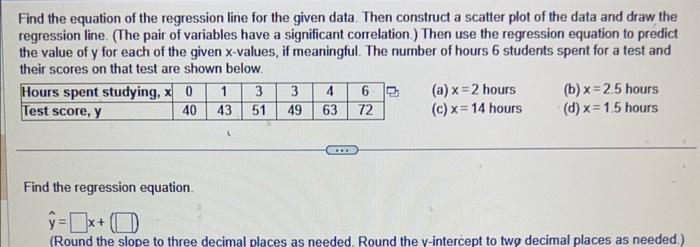 Solved Find the equation of the regression line for the | Chegg.com
