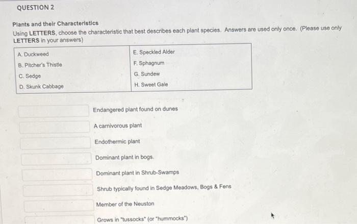 Solved Plants and their Characteristics Using LETTERS, | Chegg.com