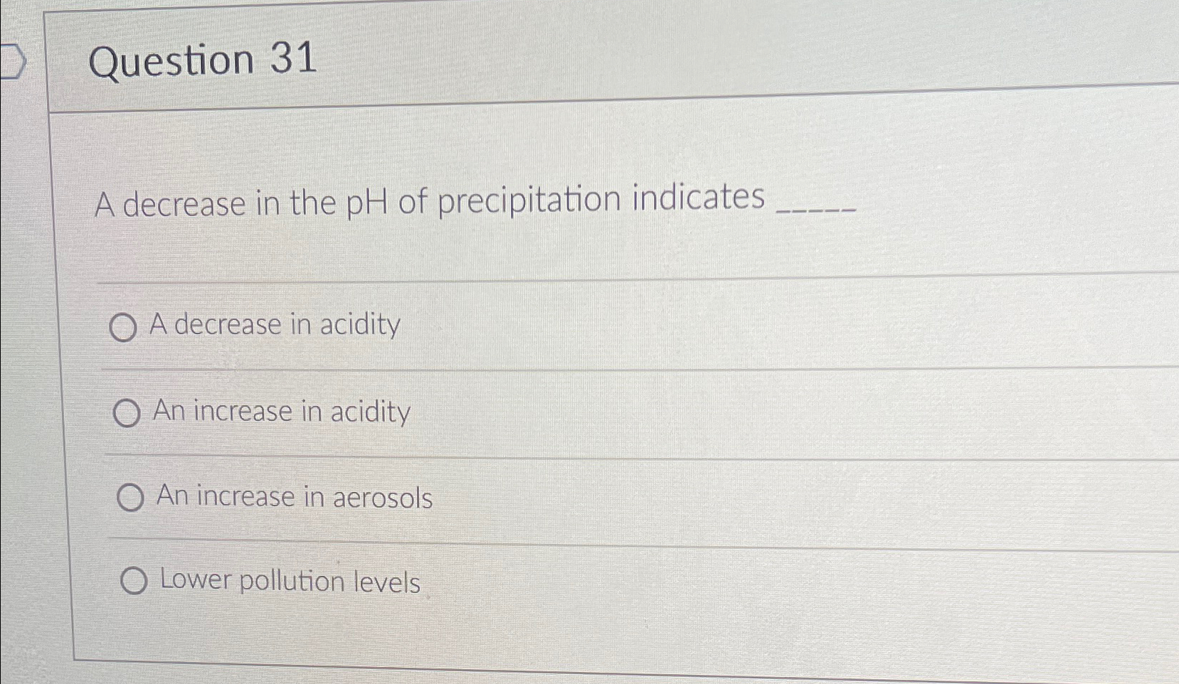 Solved Question 31A decrease in the pH ﻿of precipitation | Chegg.com