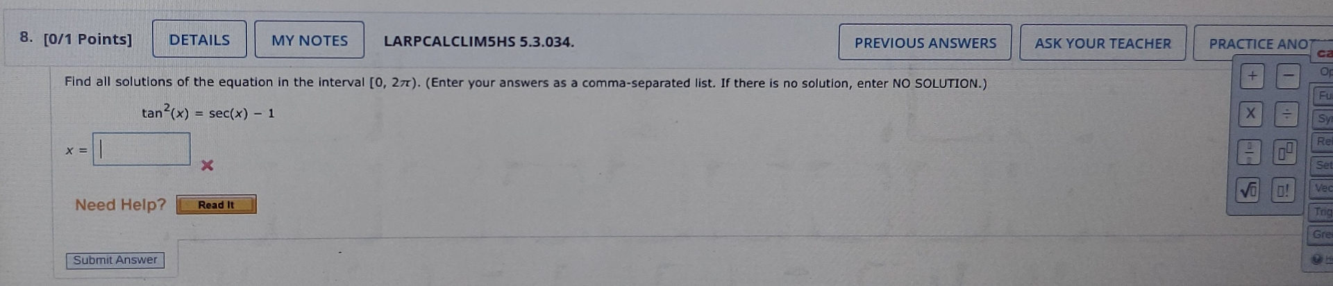 Solved Points]LARPCALCLIM5HS 5.3.034.Find all solutions of | Chegg.com