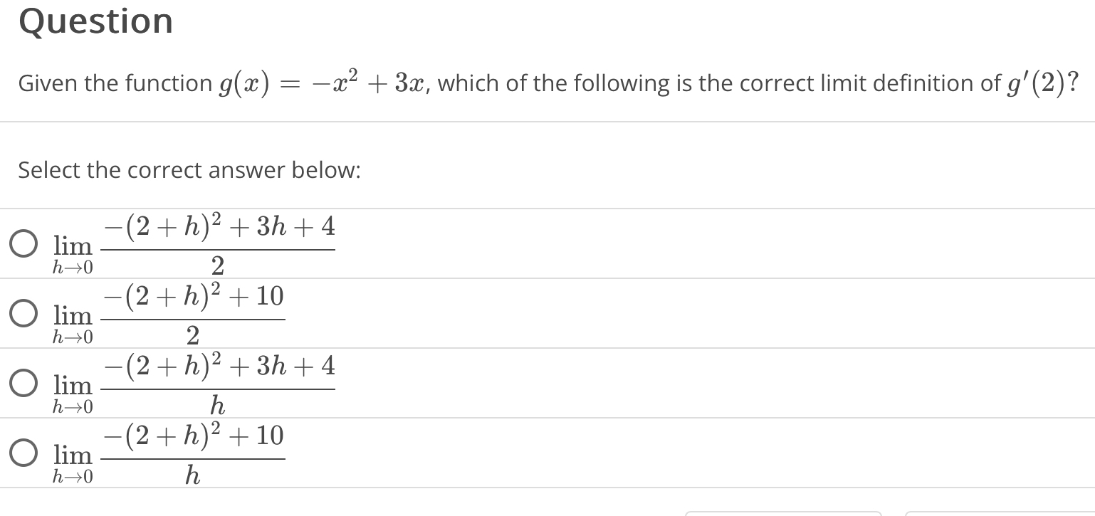 Solved QuestionGiven the function g(x)=-x2+3x, ﻿which of the | Chegg.com