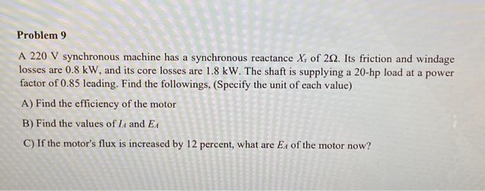 Solved Problem 9 A 220 V synchronous machine has a | Chegg.com