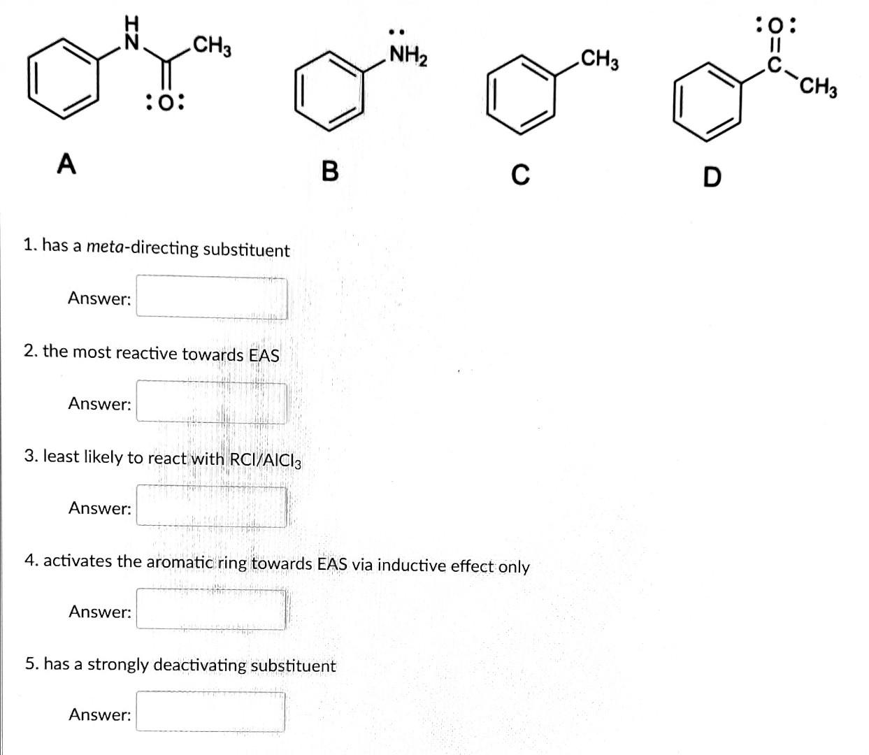 Solved A B C D 1. has a meta-directing substituent Answer: | Chegg.com