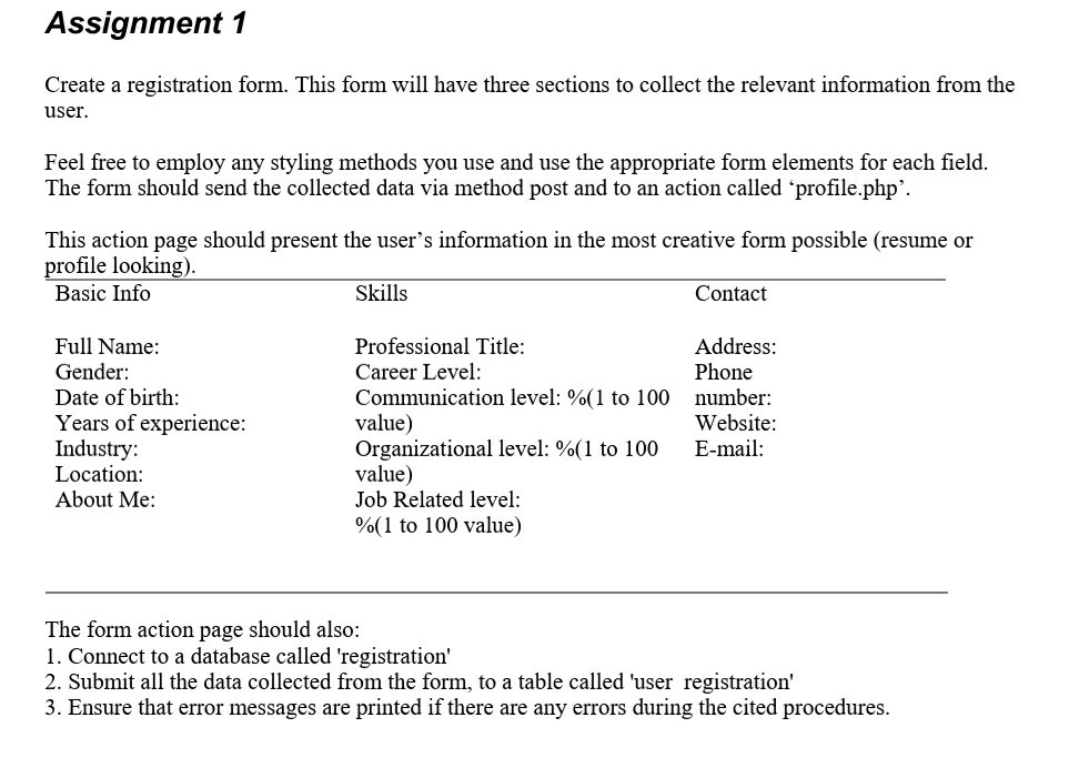 Solved Assignment 1 Create a registration form. This form | Chegg.com