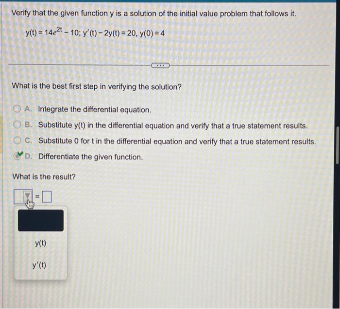 Solved Verify that the given function y is a solution of the | Chegg.com