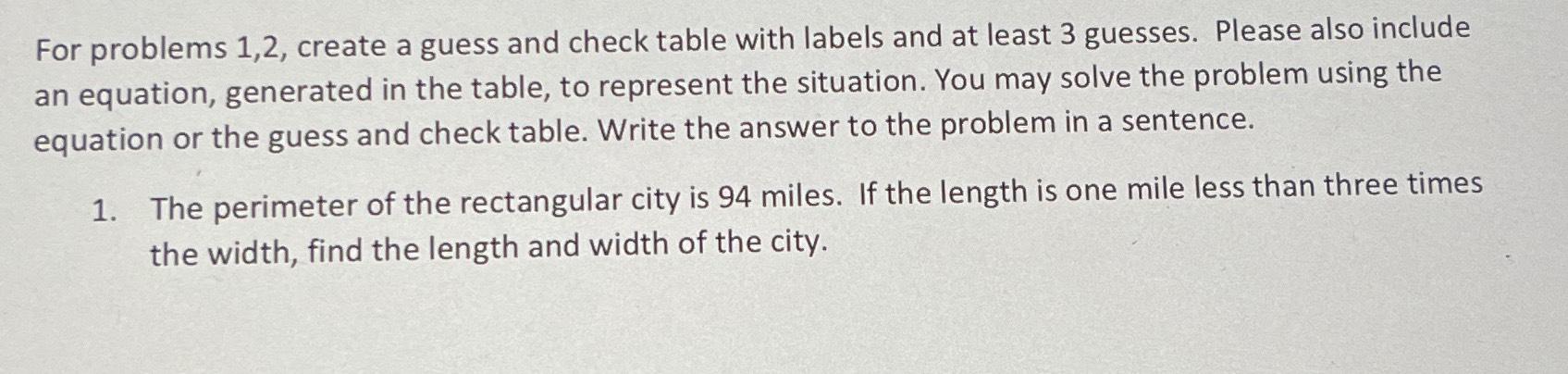Solved For problems 1,2 , ﻿create a guess and check table | Chegg.com