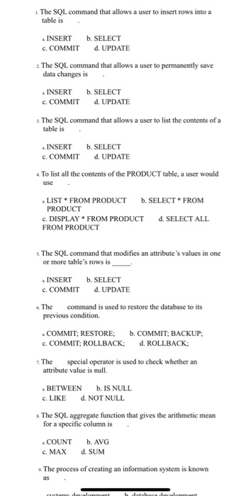 Solved 1 The SQL Command That Allows A User To Insert Rows Chegg solved-1-the-sql-command-that-allows-a-user-to-insert-rows-chegg