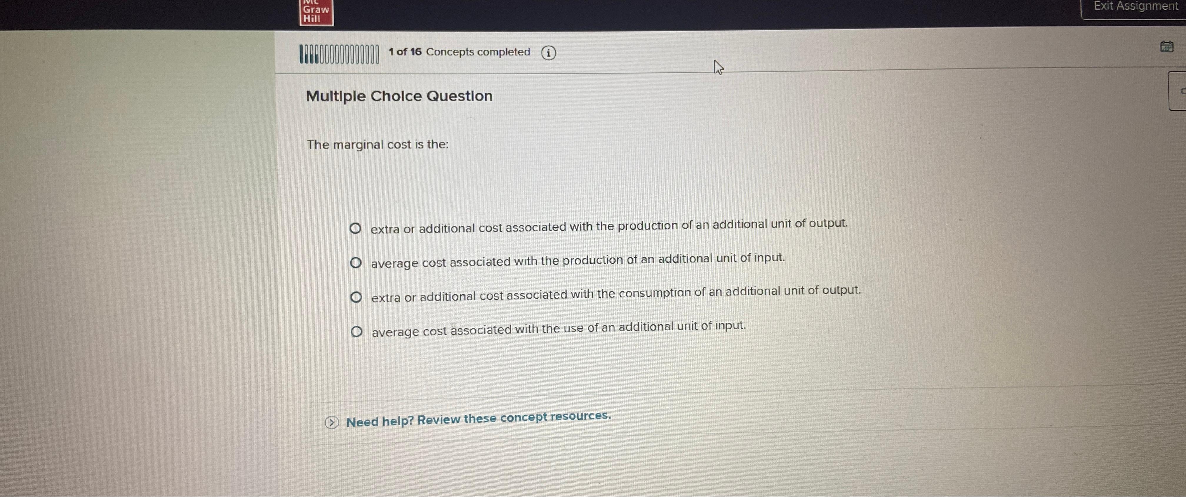 Solved Multiple Cholce QuestionThe marginal cost is | Chegg.com