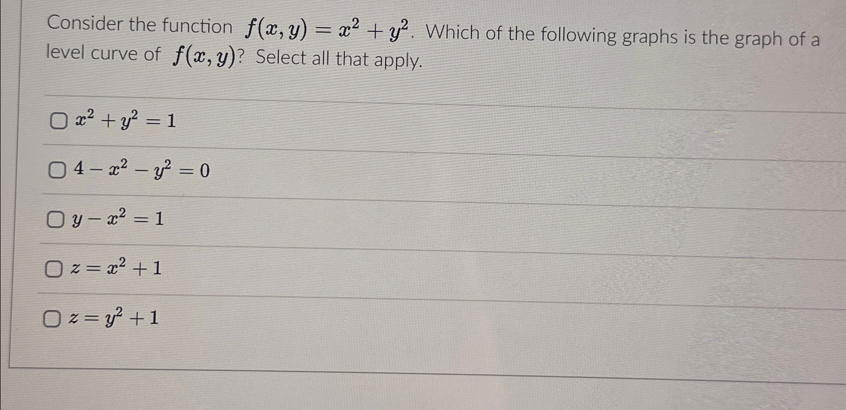 Solved Consider the function f(x,y)=x2+y2. ﻿Which of the | Chegg.com