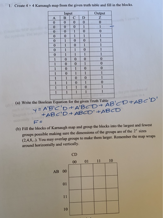 Solved 1. Create 4 x 4 Karnaugh map from the given truth | Chegg.com