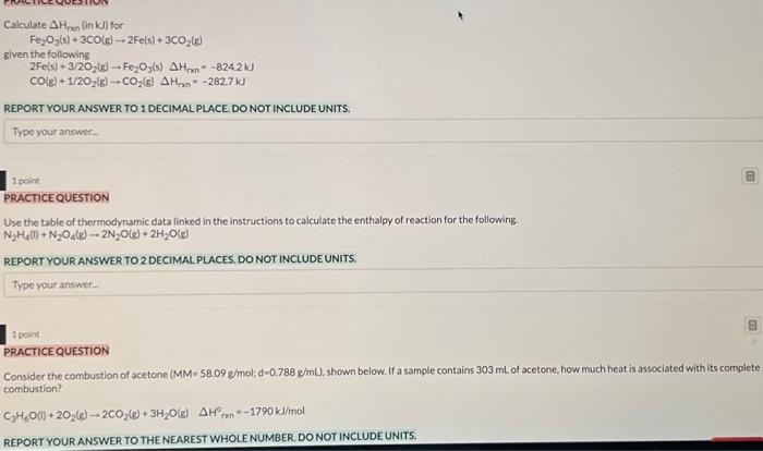 Solved Fe2O3( s)+3CO(s)→2Fe(s)+3CO2( s) given the following | Chegg.com