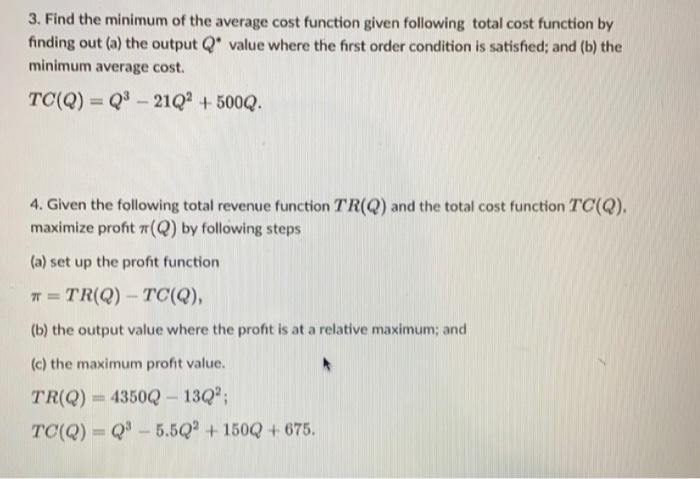 Solved 3 Find The Minimum Of The Average Cost Function