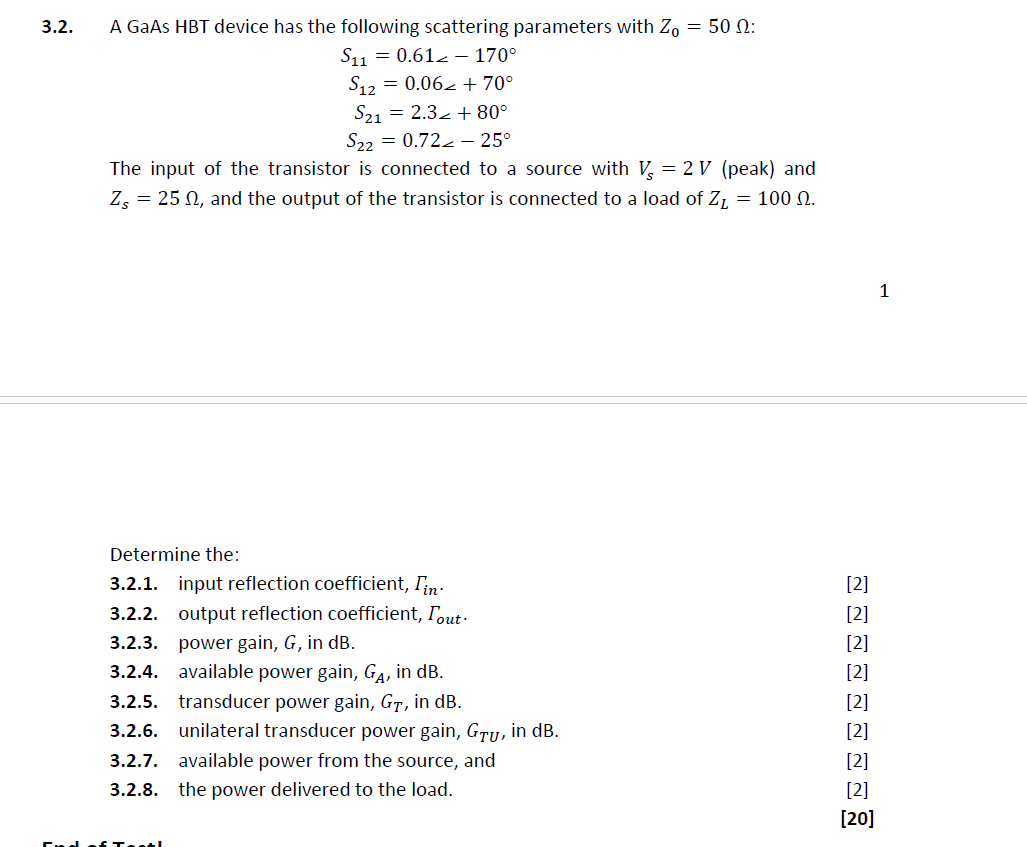 3.2. ﻿A GaAs HBT device has the following scattering | Chegg.com