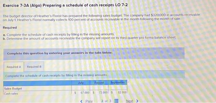 Solved Exercise 7.3A (Algo) Preparing a schedule of cash | Chegg.com