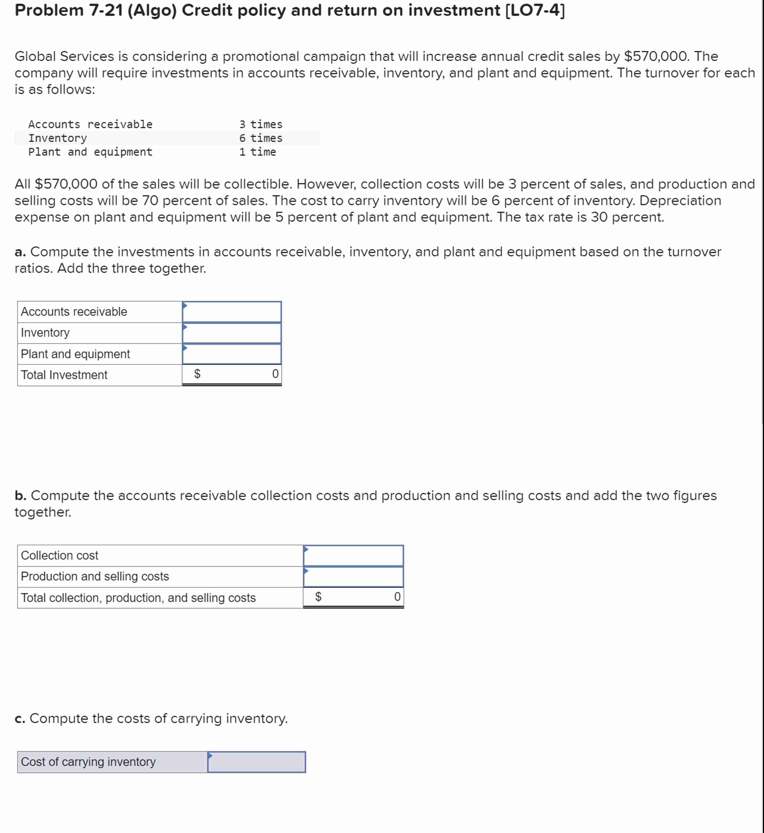 Solved Problem 7-21 (Algo) ﻿Credit policy and return on | Chegg.com