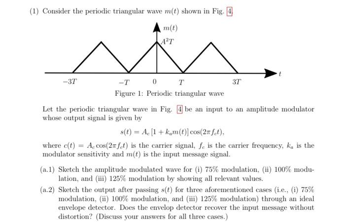 Solved (1) Consider the periodic triangular wave m(t) shown | Chegg.com
