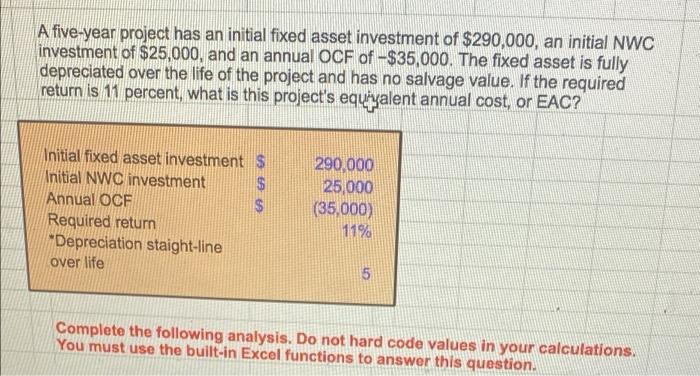 Solved A five-year project has an initial fixed asset | Chegg.com