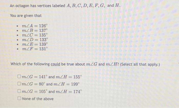 Solved An octagon has vertices labeled A,B,C,D,E,F,G, and H. | Chegg.com